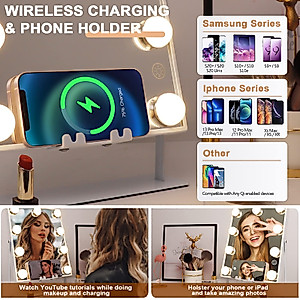 Hansong Lighted Vanity Mirror with Bluetooth Speaker and Wireless Charging Makeup Mirror with Lights 9 Dimmable Bulbs Lighted Makeup Mirror 3 Color Lighting Tabletop (White)