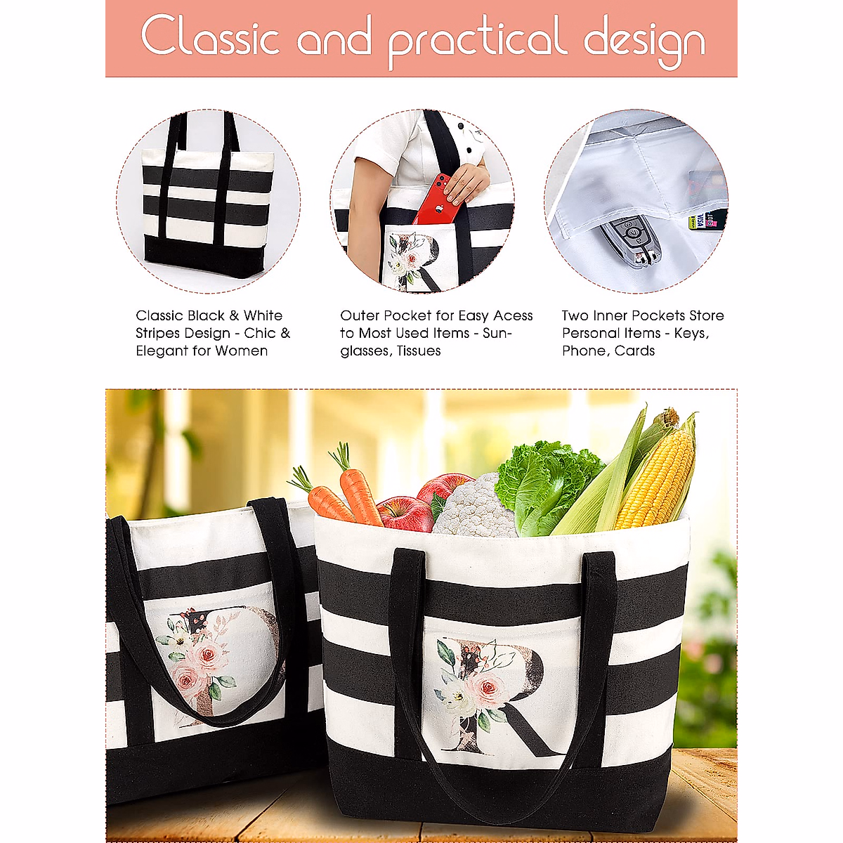 PARBEE Initial Canvas Tote Bag, Stripe & Floral Monogrammed Tote Bag with Pocket Top Zipper, Large Beach Bags Monogram Gift for Women Bridal Shower Wedding Birthday Mom Teachers, D