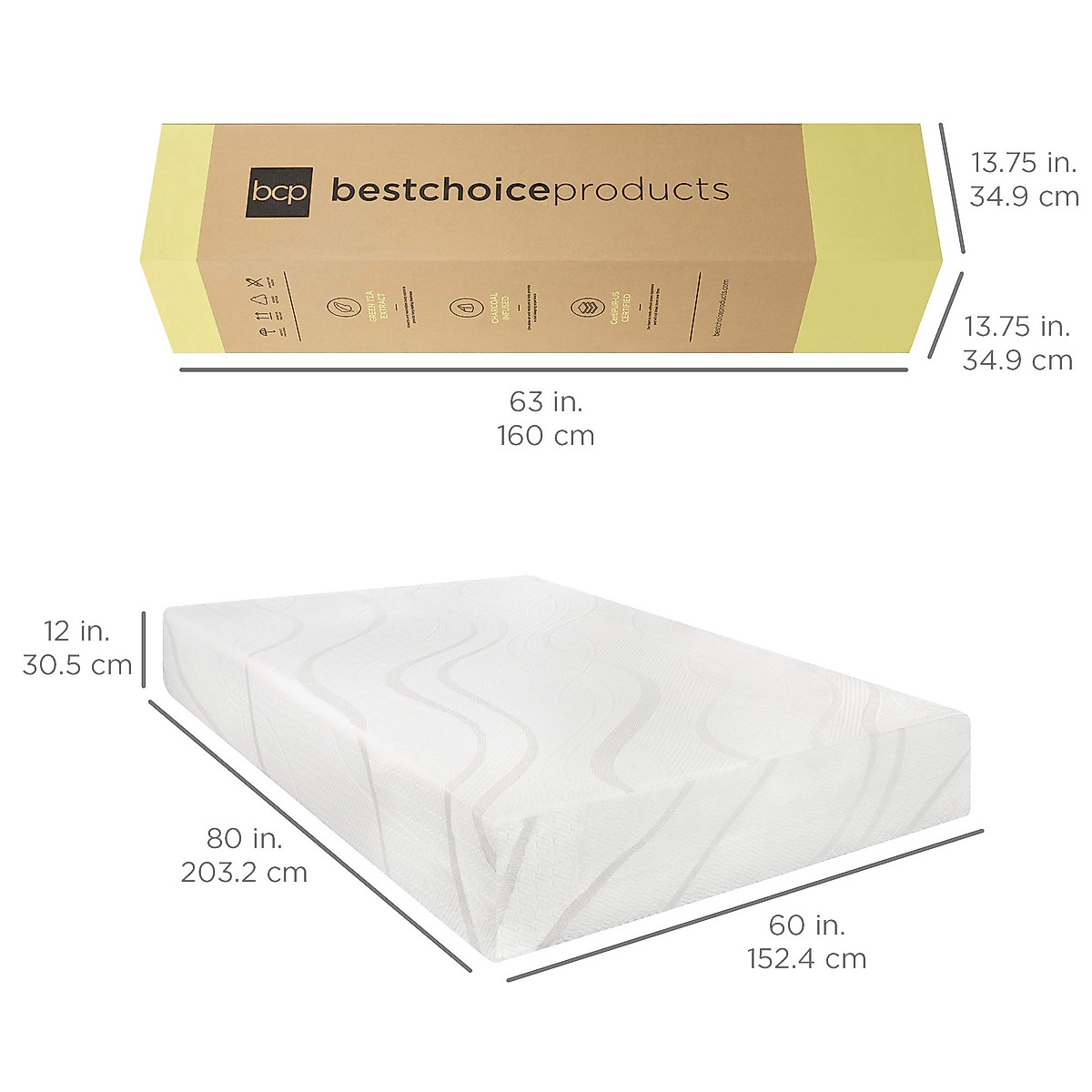 Best Choice Products 12 Inch, Green Tea Charcoal Cooling Gel Memory Foam Mattress, Fiberglass Free, 2-Layer, Breathable - Queen, Medium Firm