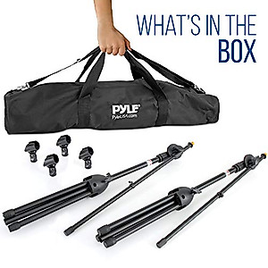 Pyle Universal Adjustable Tripod Microphone Stand - Pair of Heavy Duty Lightweight Professional Compact Extendable Stage Studio Floor Standing Boom Mic Holder w/ Carry Bag, 5/8" Adapter - PMKSKT35