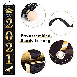 Whaline Graduation Hanging Banner, Graduation Porch Sign Backdrop Congrats Graduation Party Decorations for Home School Wall Door Yard Apartment (Black, Gold and White)