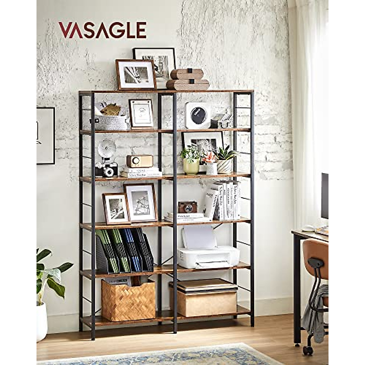 VASAGLE 6-Tier Tall Bookshelf, Bookcase, Large Metal Shelf, 11.8 x 47.2 x 67.9 Inches, for Living Room, Kitchen, Pantry, Study, Home Office, Rustic Brown and Black ULLS114B01