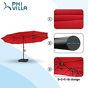 PHI VILLA 15ft Patio Umbrellas, Outdoor Market Extra Large Double-Sided Umbrella with Umbrella Base, Huge Rectangular Umbrella with 1.9" Pole (Brick Red)