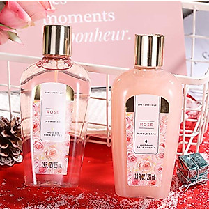 Spa Luxetique Gifts for Women - 10pc Rose Gift Basket, Deluxe Spa Tote Bag Bath Set with Wooden Handle, Bath Salt, Hand Soap, Body Butter, Mothers Day Gift Sets, Mothers Day Gifts for Mom