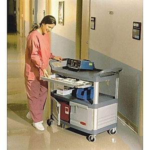 Rubbermaid Commercial Xtra Instrument and Rolling Utility Cart, Gray, with Drawer and Cabinet, for Service Restaurant Hospitality 300 lbs