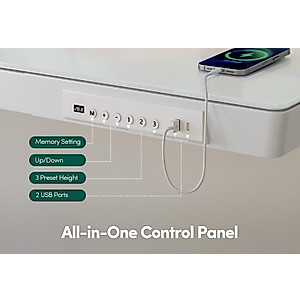 FEZIBO 55 × 24 Electric Standing Desk with Drawers, Whole-Piece Glass Adjustable Height Desk, One-Piece Quick Install Adjustable Sit Stand Desk, White