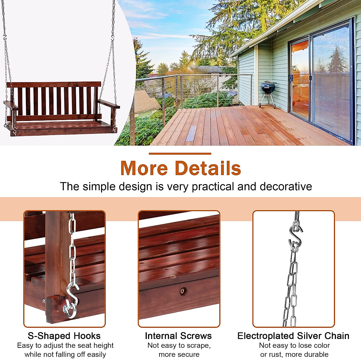 48 inch Wooden Porch Swings Heavy Duty Outdoor Bench Swing for Adults Durable Solid Wood Two Person Seating Patio Hanging Swing with Adjustable Hanging Chains & Fixing Screw, 800 LBS Weight Capacity