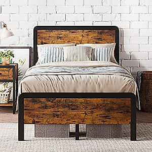 IDEALHOUSE Twin Bed Frame with Vintage Wood Headboard, Platform Bed Frame with Safe Rounded Corners & Strong Metal Slats Support, Mattress Foundation/Noise-Free/No Box Spring Needed