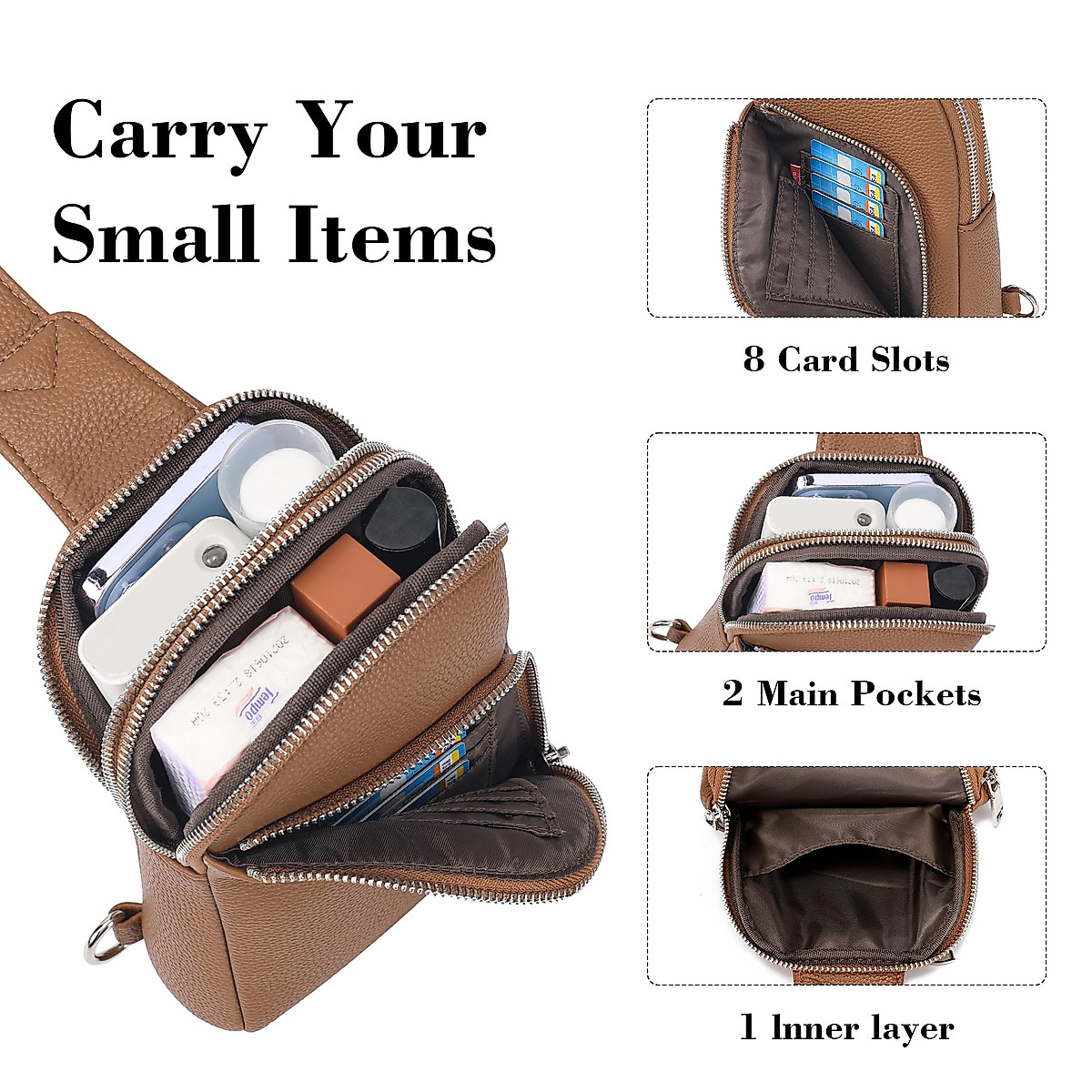 INICAT RFID Blocking Sling Bag Leather Crossbody Bags for Women Fanny Pack Cross Body for Woman Chest Bag for Travel 1.9L(Brown)