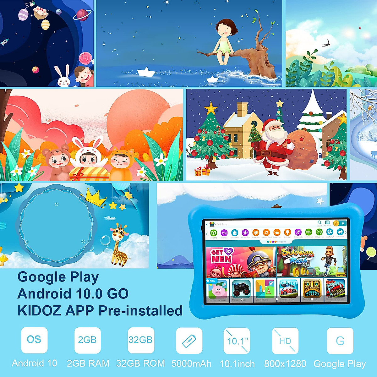 BYTENUC Kids Tablet, 10 inch Tablet for Kids, Kidoz Pre-Installed, Parental Control, 2GB RAM 32GB Storage, Bluetooth, WiFi, Dual Camera, Android Tablet for Kids with Shockproof Case and Stylus