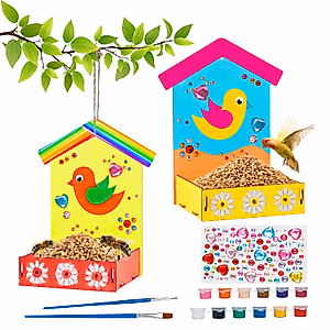 Wooden Arts and Crafts for Kids, 2-Pack Make Your Own Bird Feeder Painting Kit with Diamond Stickers, Educational Fun Kids Craft for Girls Boys Age 3-5 4-8 8-12, Welcome Birdies to Your Yard