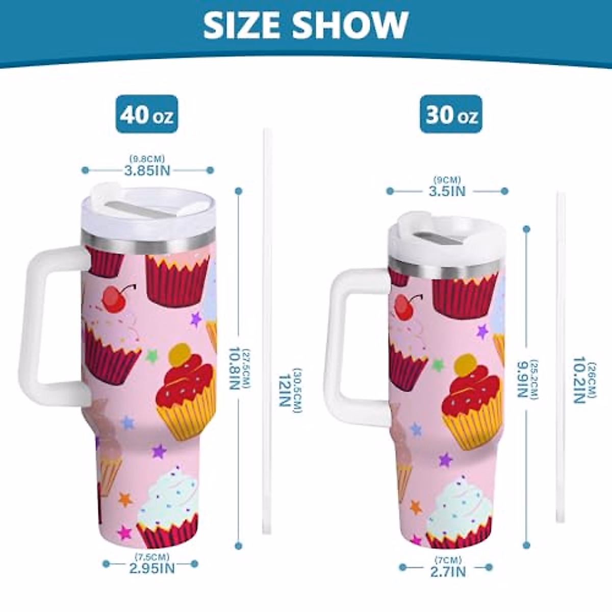 ODAWA Large with Lid and Straw, Cute Cupcake Pink Spill Proof Tumbler with Straw Stainless Steel Insulated Tumblers