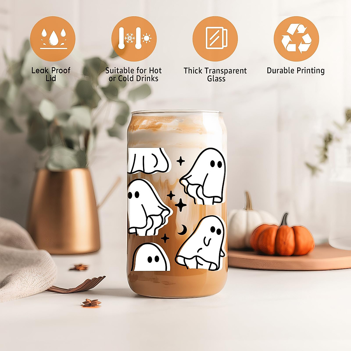 Coolife Funny Halloween Ghost Cup for Women, Cute Spooky Iced Coffee Cup, 16 oz Halloween Tumbler Glass Cups w/Lids Straws, Spooky Gifts for Her Teens, Boo Basket Stuffers, Halloween Gifts for Women