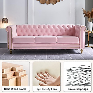 Homtique 84" Modern Sofa Couch for Living Room, 3 Seater Couch Comfy Velvet Sofa Button Tufted Rolled Arms and Gold Legs, Chesterfield Sofa for Home Studio/Office, Bedroom, Pink