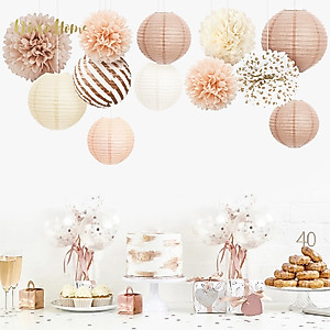 NICROHOME Wedding Decorations, 12 PCS Champagne Tissue Paper Pom Poms and Lanterns Set, Creamy White Paper Flowers for Engagement Receptions, Boho Bridal Showers Party Supplies