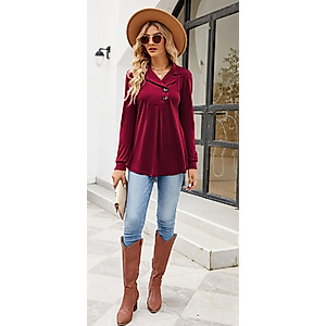 Newchoice Women Fall Long Sleeve Shirts Tops，Casual Winter Clothing Collar V Neck Tunics Or Tops To Wear With Leggings(Berry Red.M)
