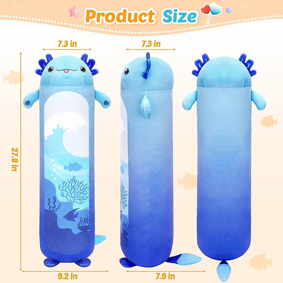 KMUYSL Axolotl Long Plush Pillow, 28" Soft Stuffed Animal Plush, Cute Plush Pillow, Kawaii Stuffed Plushies Dolls for Girls Kids, Chrismas Birthday Gift, Blue (Blue-28Inch)