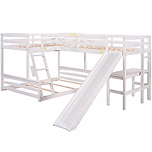 SweetFm Twin Over Full Triple Bunk Bed with Desk,Wooden Loft Bed with Desk and Slide,Full-Length Guardrail, White