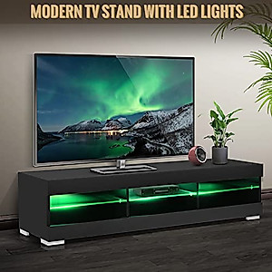 HOMMPA LED TV Stand with LED Lights for 65 inch TV Modern Entertainment Center with Storage 57" Black TV Console with Glass Shelves for Living Room 15" Tall