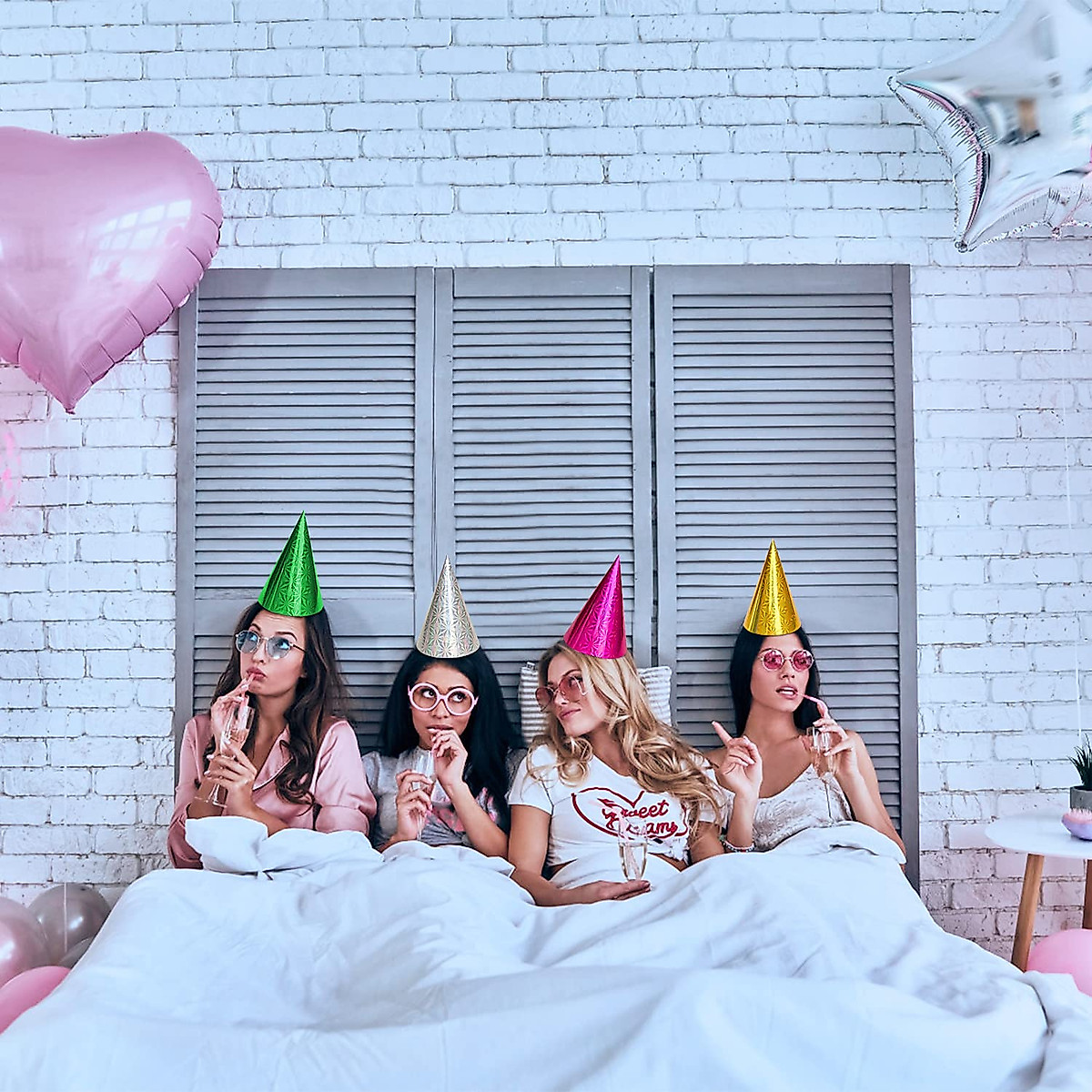 Lainrrew Metallic Foil Party Cone Hats - 50 Pcs Colorful Paper Art Craft Caps for Birthday Parties, Wedding, Christmas, Kids & Adults