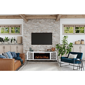 Realcozy Malibu Contemporary Fireplace TV Stand, 78 inches, Accommodates TVs up to 90 inches, Fully Assembled, Poplar Solid Wood, White Finish