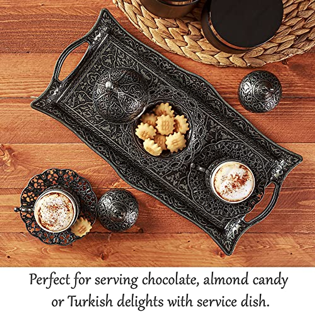 Crystalia Turkish Coffee Espresso Cup Set, Arabic Greek Moroccan Coffee Serving Set, Antique Silver Cups with Inner Porcelain and Metal Saucers Lids, Tray Sugar Dish, Demitasse Gift Set (Silver)