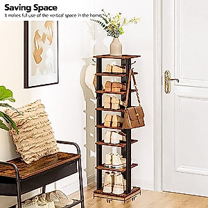 HOOBRO Vertical Shoe Rack, 8 Tier Shoe Storage Organizer with Hooks, Narrow Shoe Rack for 8 Pairs, Space Saving, Stable and Strong, for Entryway, Living Room, Bedroom, Rustic Brown BF07XJ01G1