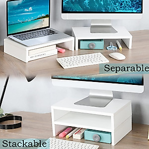 TEAMIX White Monitor Stand Riser-2 Pack,Wood 2 Tier Adjustable Dual Monitor Riser for 2 Monitors/Laptop/PC Computer Stand for Desk