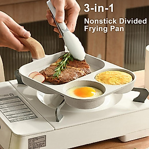 FTNESGYM Egg Pan Frying Pan, Nonstick Divided Grill Pan, 3 Section Pancake Pan Divided Pan for Breakfast, Omelette Pan Meal Skillet Griddle Pan, Gas & Induction Compatible (Black)