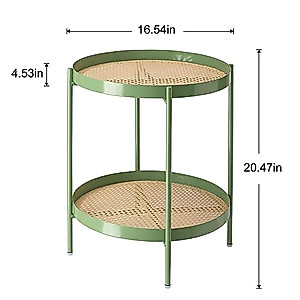 danpinera Metal Side Table, Imitation Rattan Green End Table with 2 Tier Removable Tray, Round Table for Small Spaces, Small Tables for Living Room 20.47 Inch x 16.54 Inch