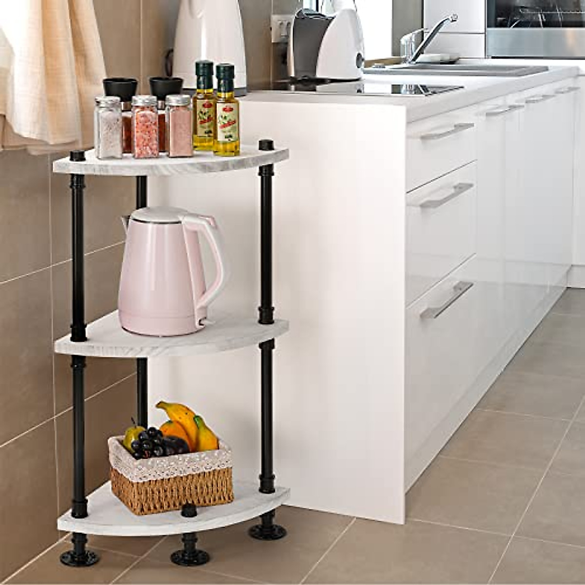 BTY Small Corner Shelf 3 Tier Free Standing Corner Display Rack Wood Corner Storage Stand Shelves for Bedroom Bathroom Small Place (Grey White)