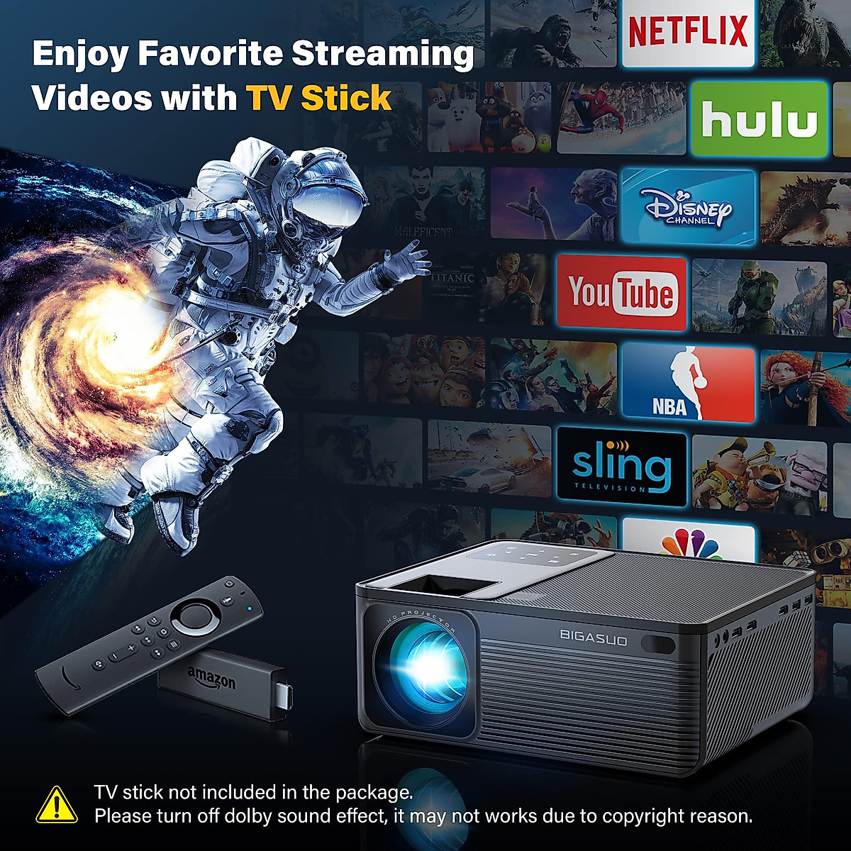 Projector with 5G WiFi and Bluetooth - BIGASUO 540 ANSI Native 1080P Outdoor Movie Projector 4k Support, Home Video Projector Support 200"/Zoom/HiFi, Compatible with HDMI/USB/TV/iOS&Android