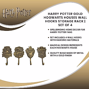 Harry Potter Gold Hogwarts Houses Wall Hooks Storage Rack Organizer, Set of 4 | Freestanding Hat And Coat Rack Wall Mount, Home Decor Room Essentials | Official Wizarding World Gifts And Collectibles