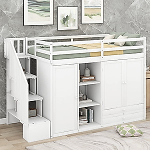 BIADNBZ Functional Twin Size Loft Bed with 3 Shelves, 2 Wardrobes and 2 Drawers,Wooden Bedframe with Storage Stairs for Teens/Bedroom,White