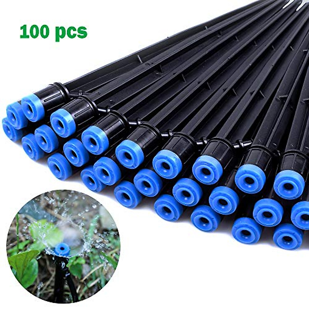 100PCS Drip Emitters Fan Shape with Stake Water Flow Adjustable for 1/4 inch Irrigation Tube Hose, 360 Degree Sprayer Perfect for Irrigation System Watering Kits for Garden Patio Lawn Flower Bed