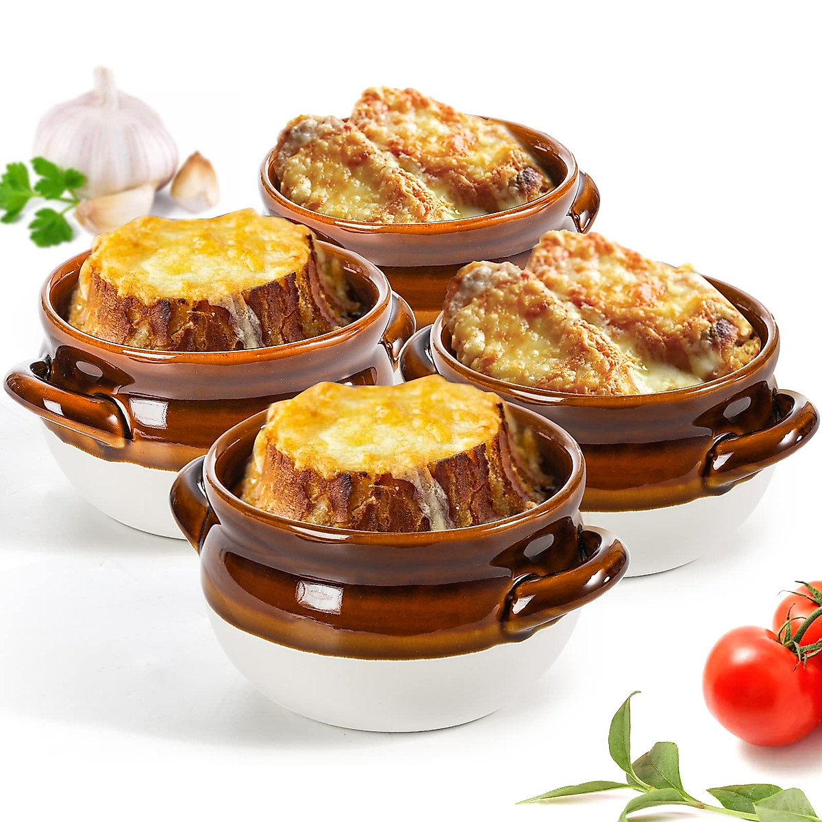 Youeon Set of 4 French Onion Soup Bowls with Handles, 16 Oz French Onion Soup Crocks Oven Safe, Ceramic Soup Bowls Dishwasher & Microwave Safe, for Beef Stew, Chili, Pot Pies, Baked Cheese