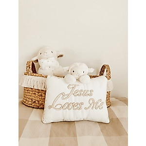 Mon Ami "Jesus Loves Me" Lamb Designer Plush Throw Pillow – 11x8”, Baby Christening Gift, Religious Gift, Dedication, Baptism Gift, Cute Room Décor