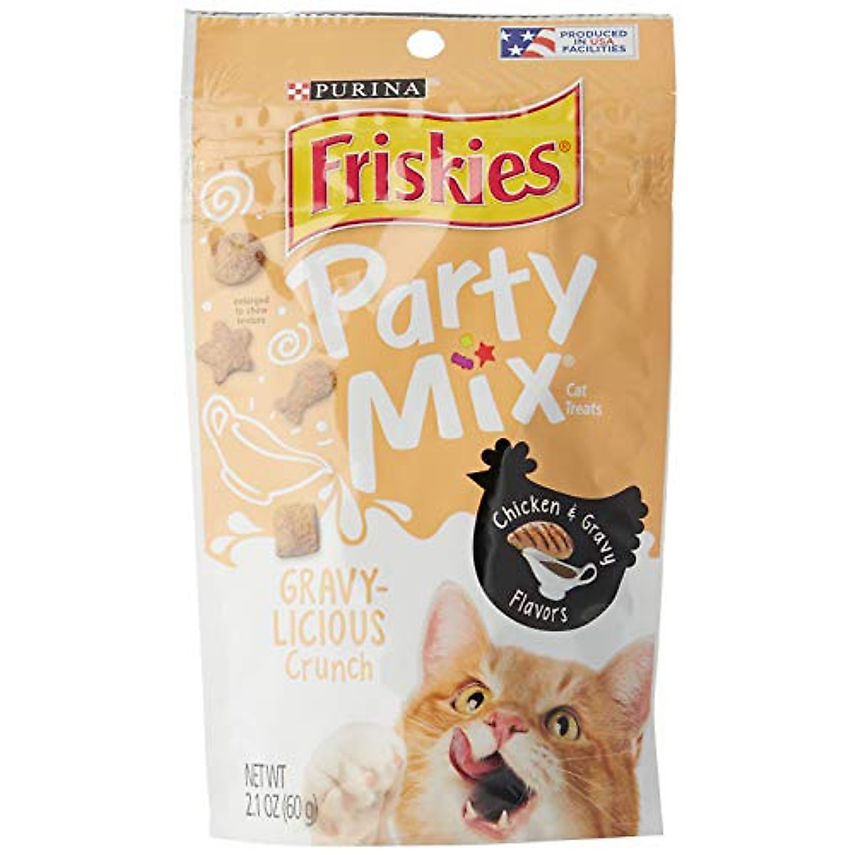Friskies Party Mix Cat Treats, Crunch, Gravy-licious Chicken and Gravy Flavors, 2.1 Oz Pouch