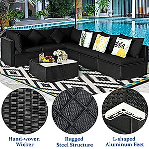 Tangkula 7 Piece Patio Furniture Set, Outdoor Sectional Sofa w/Pillows and Cushions, Wicker Sofa Conversation Set with Coffee Table, Patio Sofa and Tea Table Set for Garden, Lawn (Black)