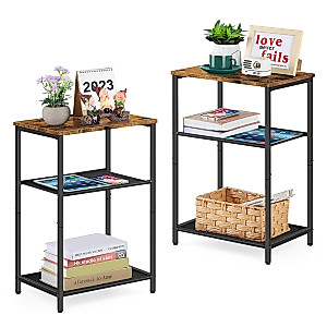 Set of 2 Nightstand, 3 Tier End Table for Small Spaces, Narrow Side Table with Storage Shelf, Bedside Tables for Bedroom, Living Room, Rustic Brown