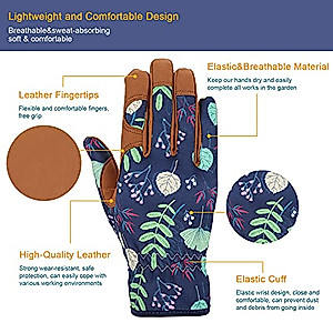 Leather Gardening Gloves for Women - Working Gloves for Weeding, Digging, Planting, Raking and Pruning (B-Blue)