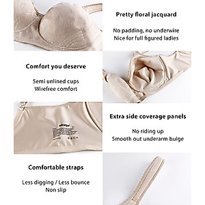 wirarpa Women's Bras Comfortable Ultimate Soft Wireless Full Coverage Floral Jacquard Non-Padded Plus Size Bra Beige 42D