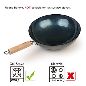 ZhenSanHuan Chinese Hand Hammered Iron Pow Woks and Stir Fry Pans Wooden Handle Round Bottom (30CM, Blue Black -Seasoned)