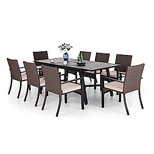 MFSTUDIO 9 Pieces Outdoor Patio Dining Set,Patio Furniture Set with Rectangular Extendable Metal Table and 8 Rattan Wicker Chairs,Beige Cushion Balcony,Garden,Backyard,Poolside