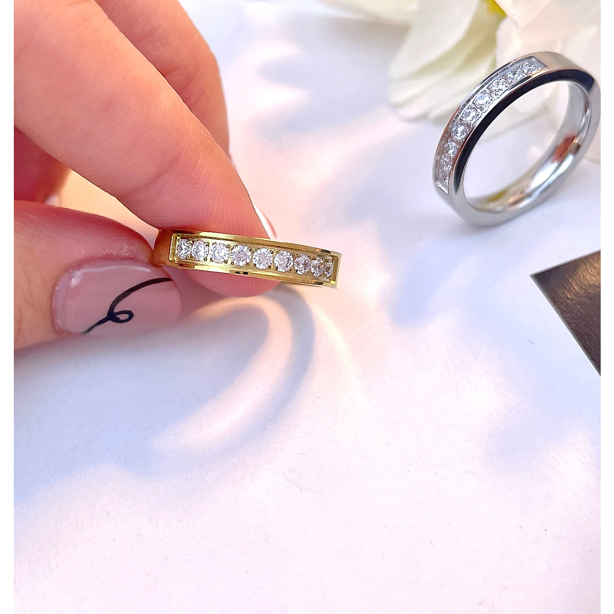 MYNENEY 14K Gold/Silver Plated Wedding Band Cubic Zirconia Eternity Stackable Engagement Ring For Women (4MM- 9 Diamonds-Gold, 8)