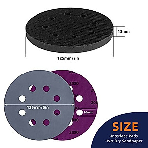 80pcs 5 inch 8 Hole Sanding Discs Hook and Loop 1500/2000/2500/3000/4000/5000/7000/10000 Grits Wet Dry Sandpaper with 2pcs Interface Pad for Random Orbital Sander Automotive Wood Metal Polishing