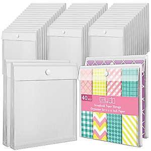Caydo 40 Pieces Scrapbook Paper Organizer with Hook and Loop Closure, Clear 12x12 Paper Storage Organizer with 60 Pieces Adhesive Stickers for Holding Scrapbook Paper, Vinyl Paper, Files