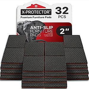 X-Protector Non Slip Furniture Pads for Hardwood Floors 32 PCS 2” - Square Anti Slip Furniture Pads - Self-Adhesive Rubber Furniture Pads Non Slip - Ideal Furniture Stoppers to Prevent Sliding!