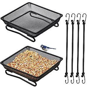 2 Pieces 7 x 7 x 2.7 Inch Metal Ground Bird Feeder Compact Platform Bird Seed Tray and 4 Pieces Elastic Rope for Outdoor Dove Birds or Squirrels Garden Decoration (Black)