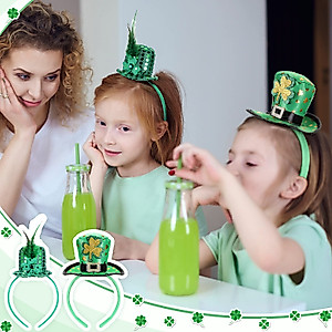 2 Pieces St. Patrick's Day Top Hat Headband Irish Sequin Shamrock Green Hat Headband Saint Patty's Day Headband St Patricks Day Headwear Accessories Irish Feathered Headbands for Women and Children